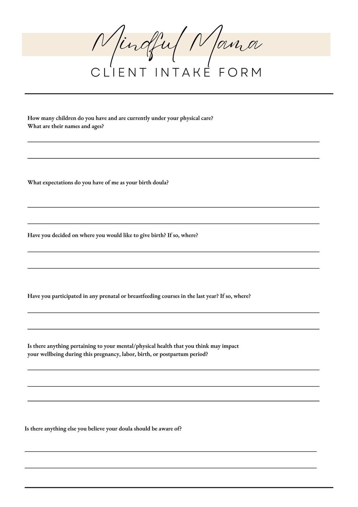 Minimalist Neutral Editable Doula Client Intake Form - Etsy