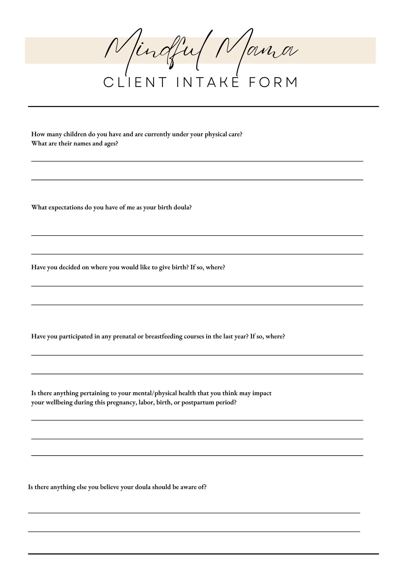 Minimalist Neutral Editable Doula Client Intake Form - Etsy