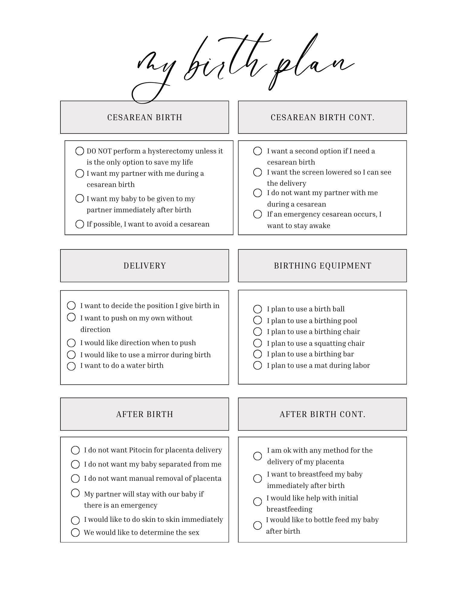 Minimalist Printable Birth Plan Checklist - Etsy