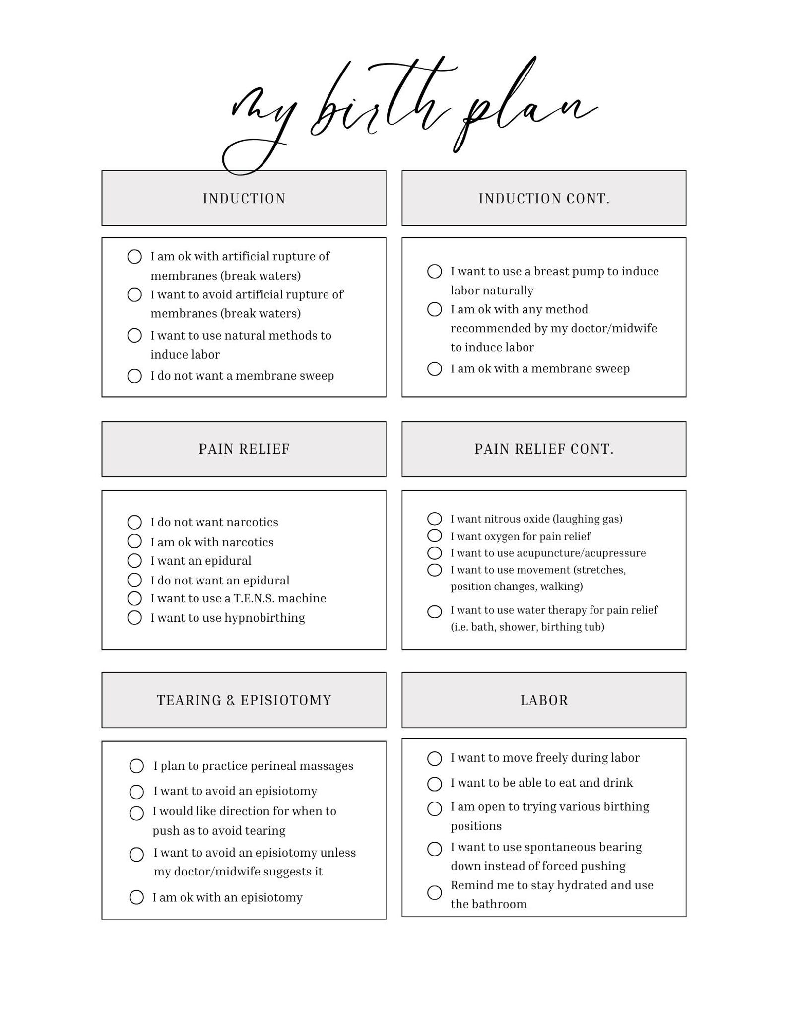 Minimalist Printable Birth Plan Checklist - Etsy