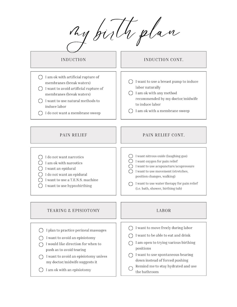 Minimalist Printable Birth Plan Checklist - Etsy