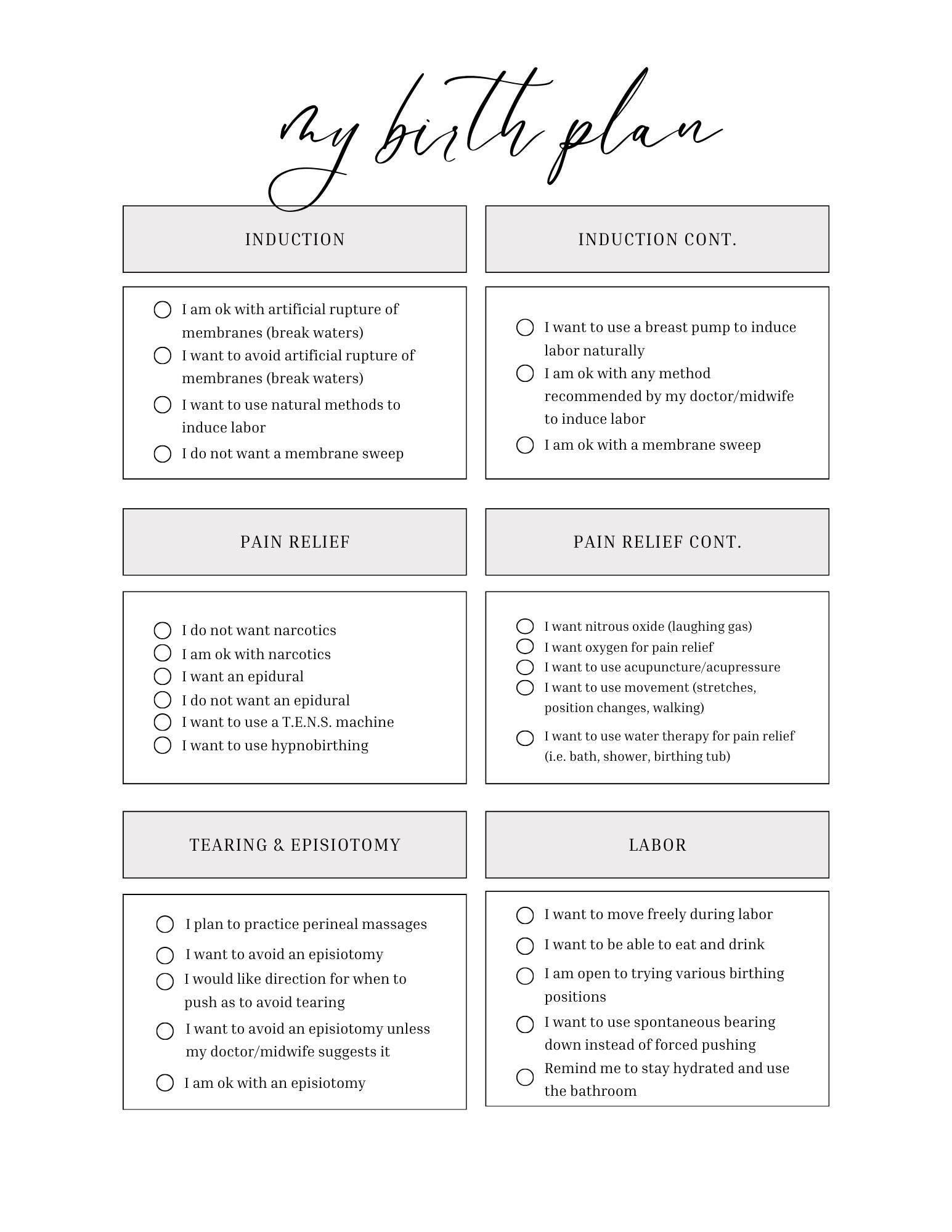 Minimalist Printable Birth Plan Checklist - Etsy