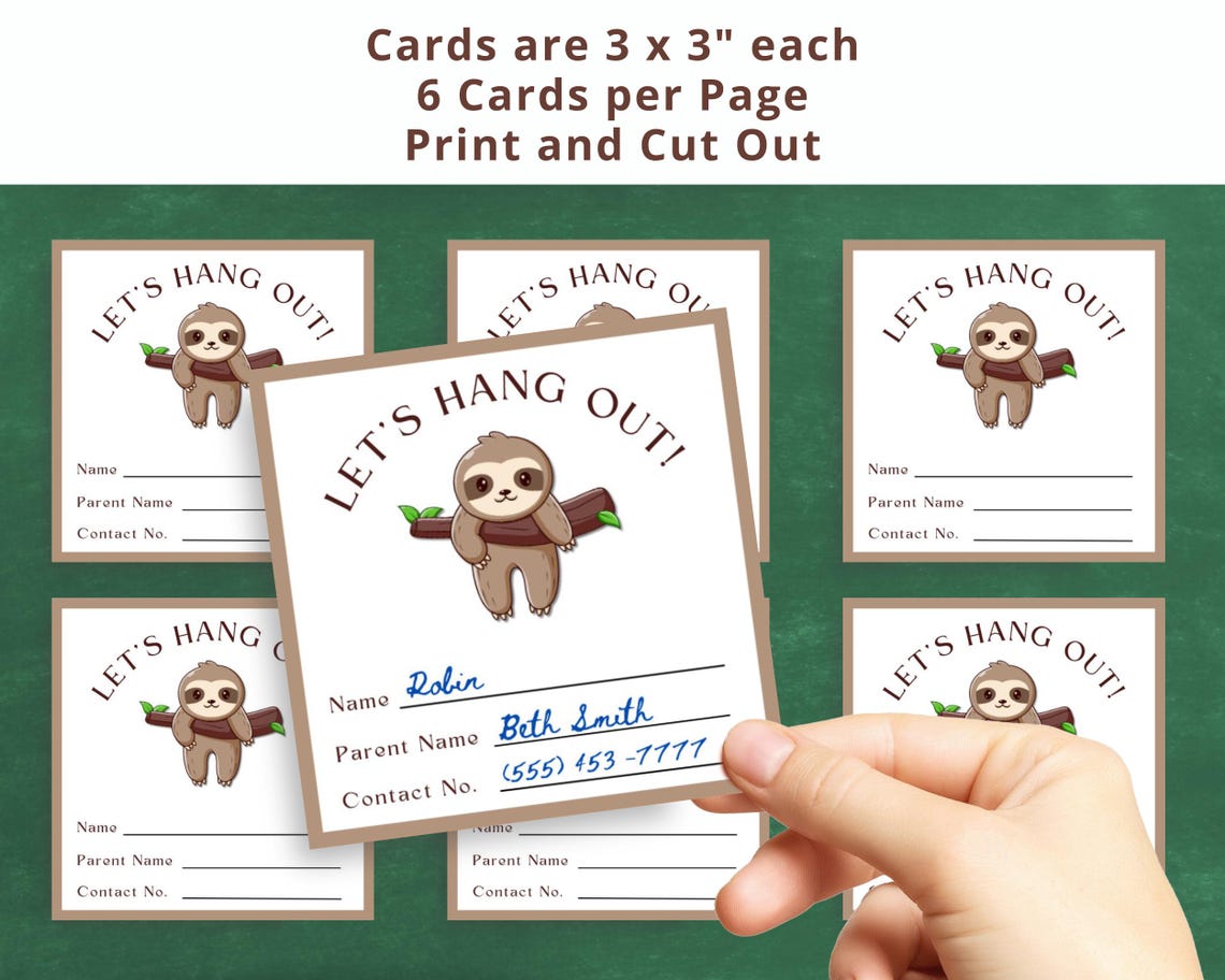 Sloth Playdate Cards, Kids Contact Card, Kids Playdate Invitation ...