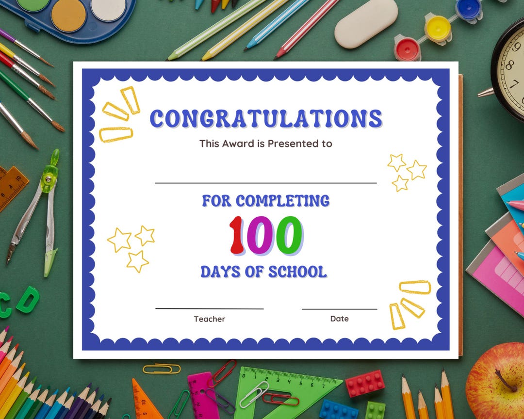 100th Day of School Certificate, Editable 100th Day Award, 100s Day ...