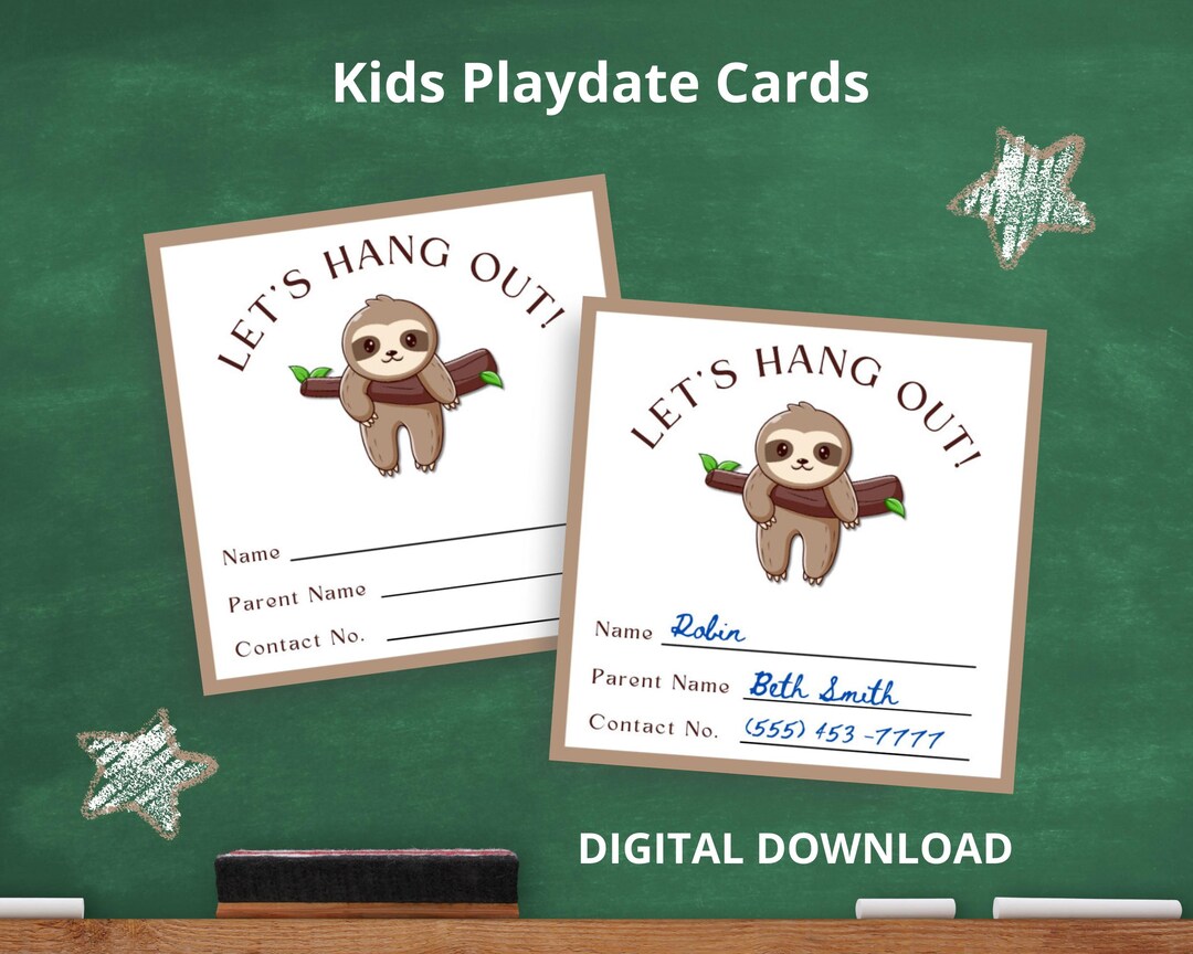 Sloth Playdate Cards, Kids Contact Card, Kids Playdate Invitation ...