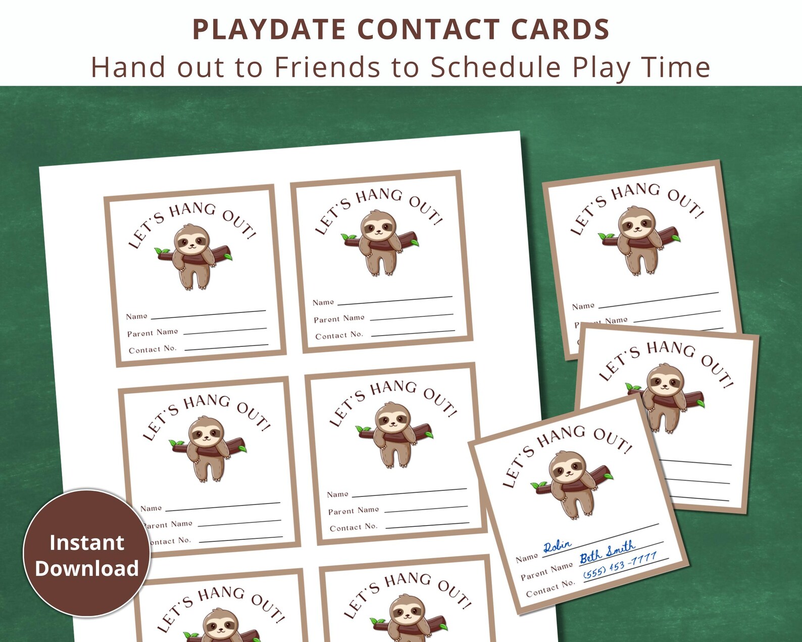 Sloth Playdate Cards, Kids Contact Card, Kids Playdate Invitation ...