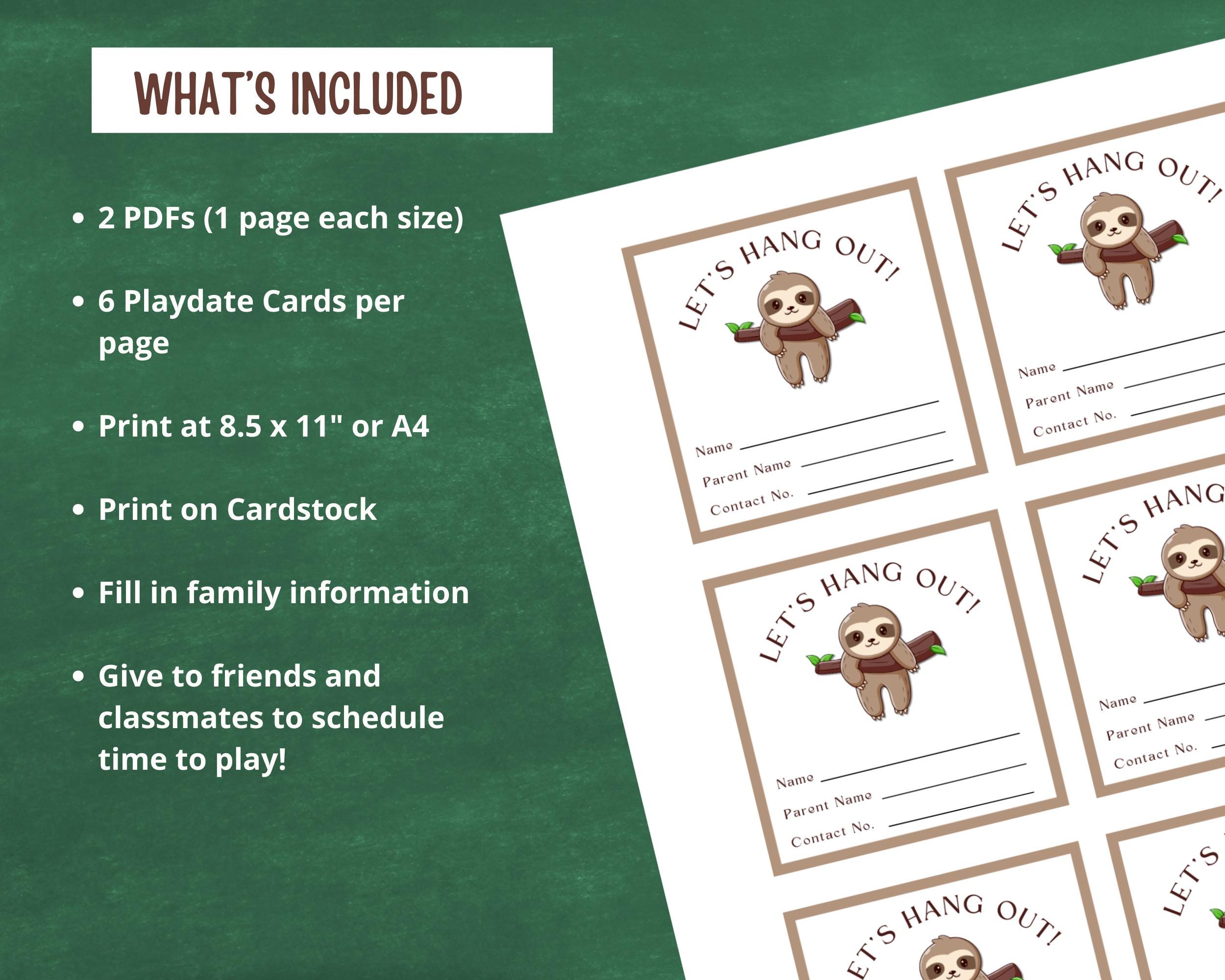 Sloth Playdate Cards, Kids Contact Card, Kids Playdate Invitation ...