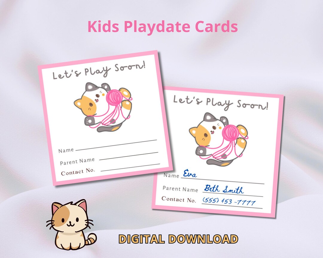 Kitten and Yarn Playdate Cards, Kids Contact Cards, Kids Playdate ...