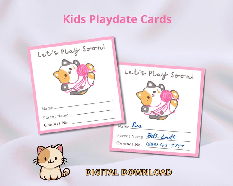 Kitten and Yarn Playdate Cards, Kids Contact Cards, Kids Playdate ...