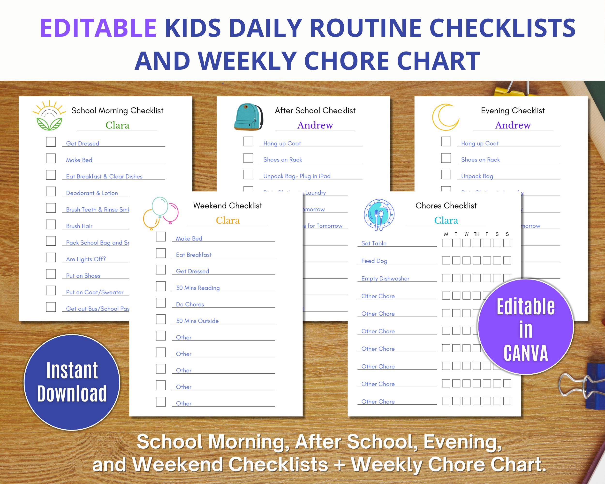 Kids Daily Routine Checklist and Editable Chore Chart, Kids Task ...