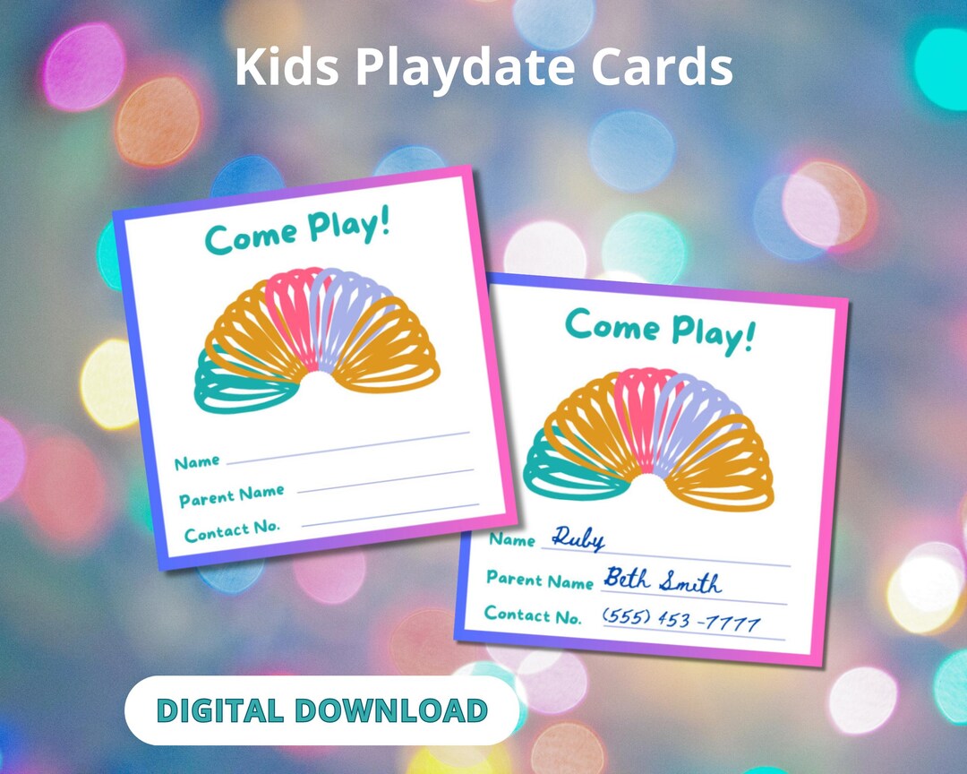 Slinky Playdate Cards, Kids Contact Cards, School Break Cards, Kids ...