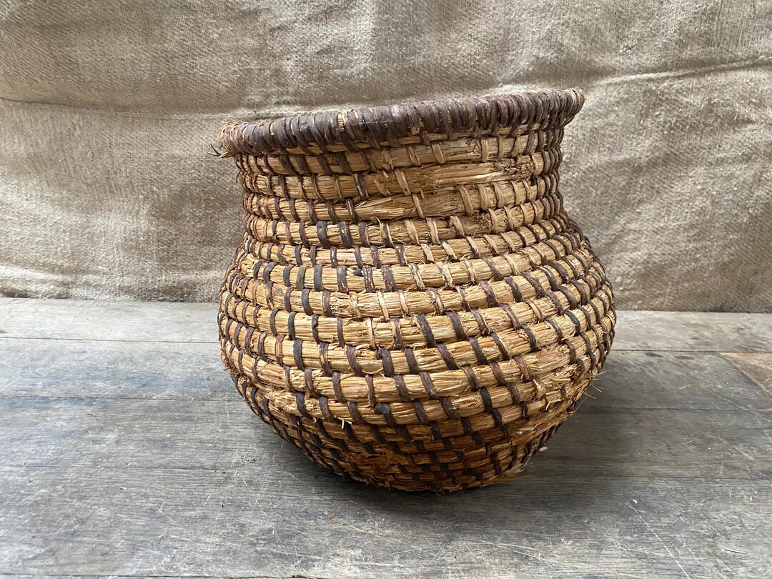 Antique Rye Straw Basket, Antique French Basket, Woven Coiled Rye Grass ...
