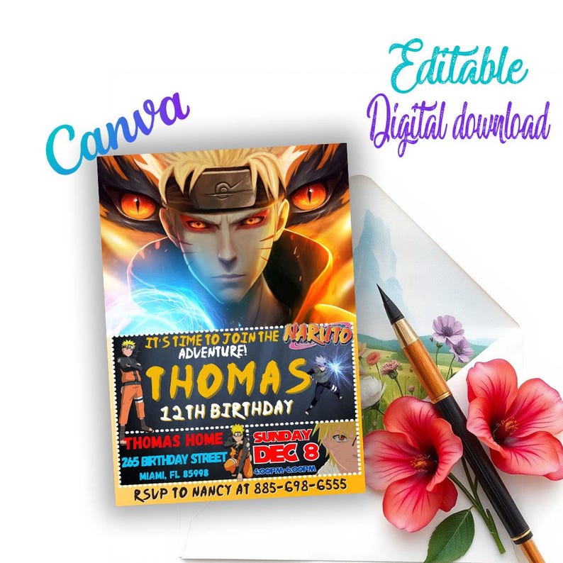 Anime Invitation, Naruto Birthday Invitation, Naruto Anime Invite ...