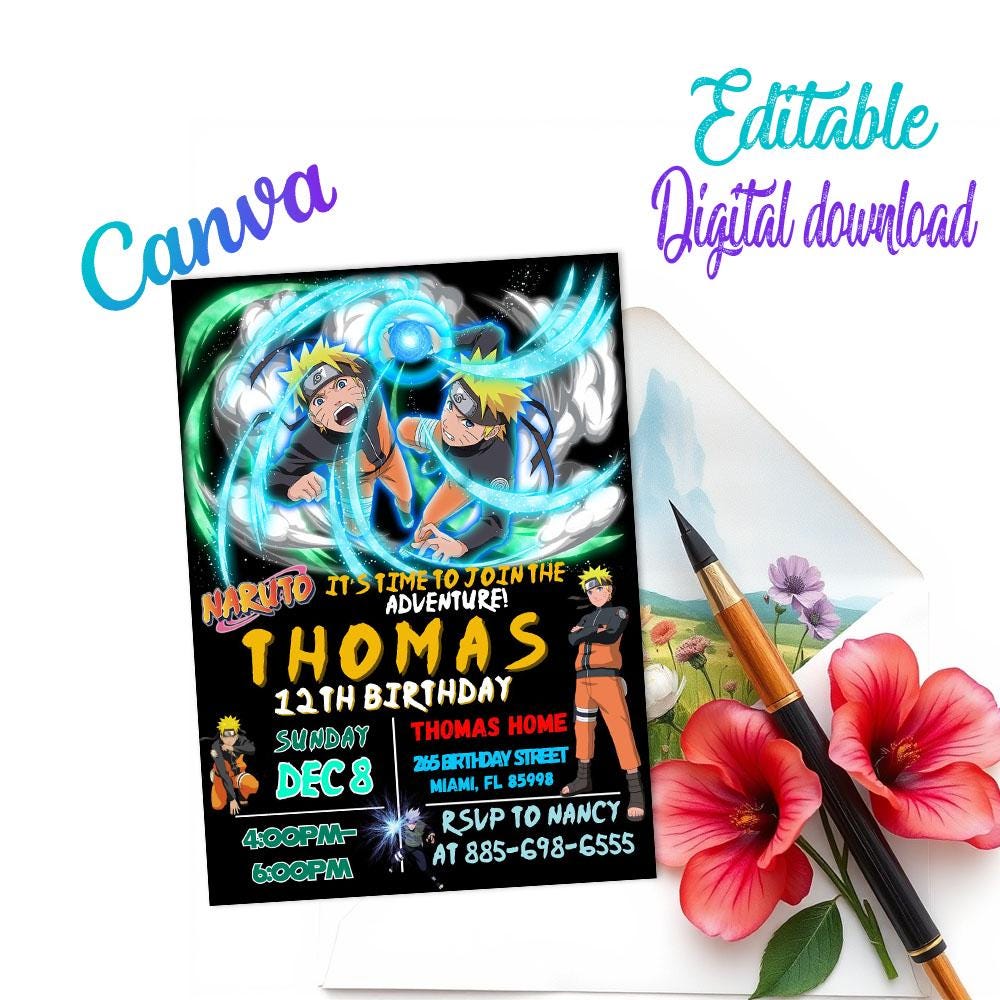 Anime Invitation, Naruto Birthday Invitation, Naruto Anime Invite ...