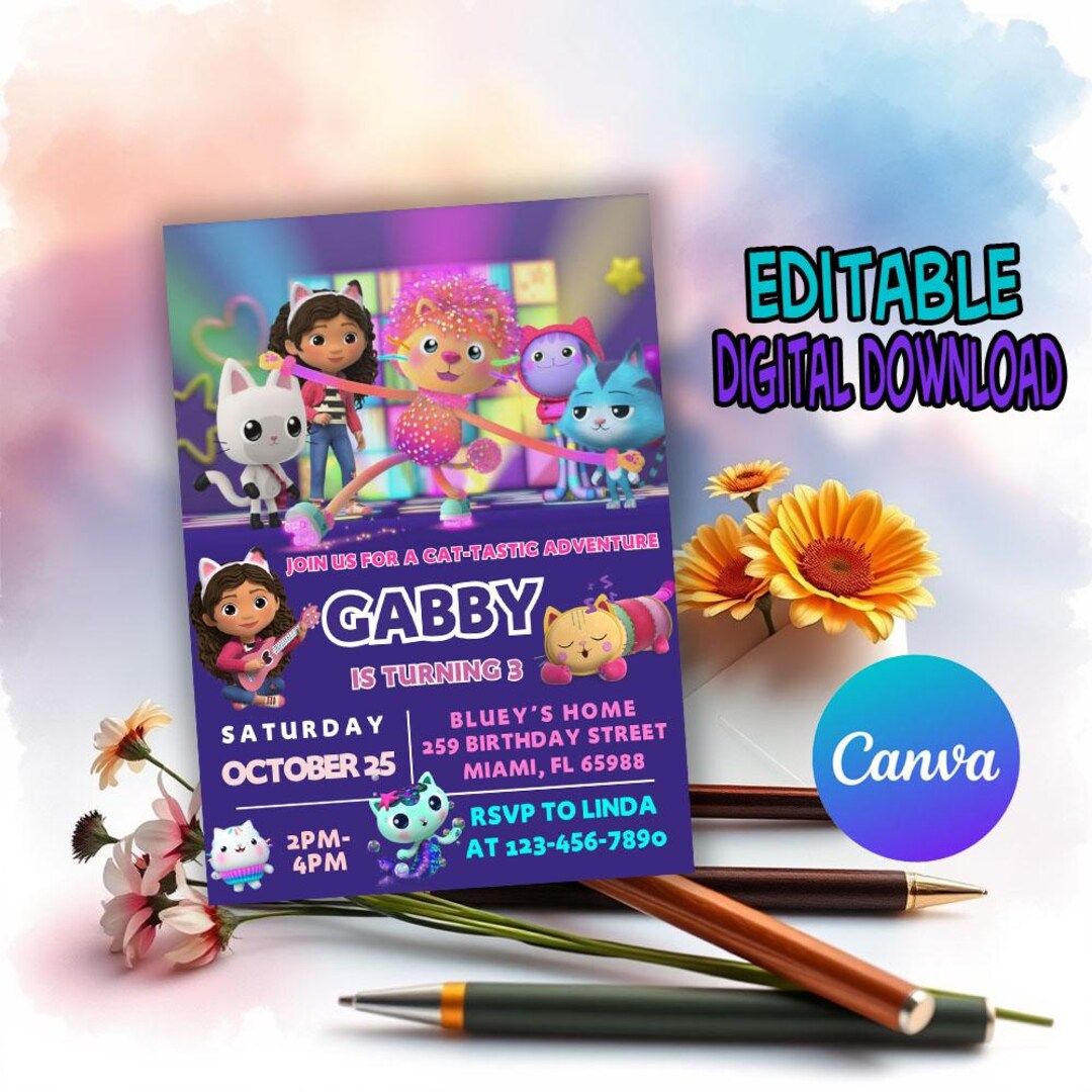 Editable Gabby's Dollhouse Birthday Invitation, Gabby's Birthday Party ...