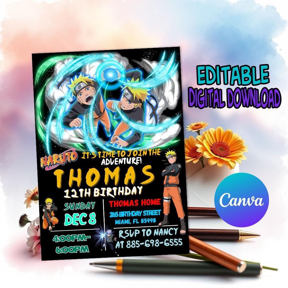 Anime Invitation, Naruto Birthday Invitation, Naruto Anime Invite ...