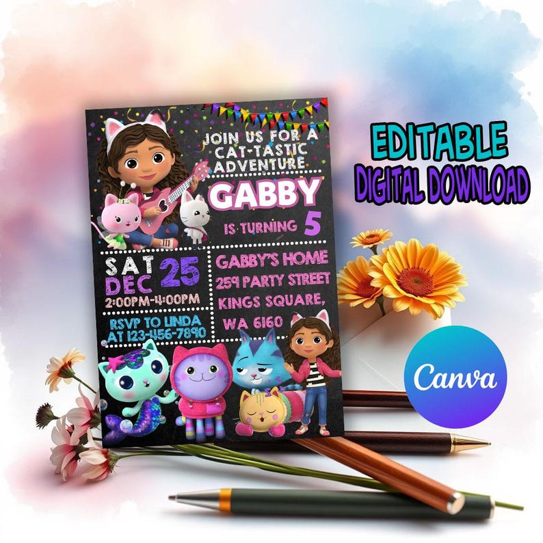 Editable Gabby's Dollhouse Birthday Invitation, Gabby's Birthday Party ...