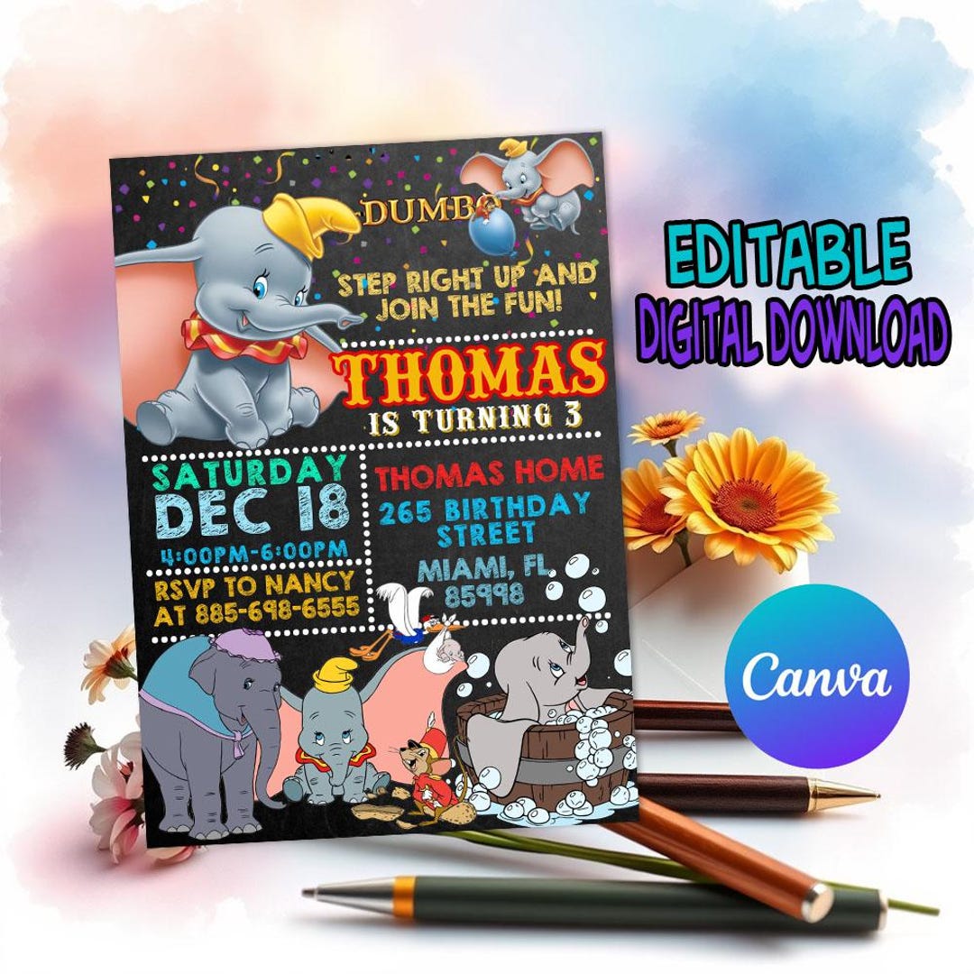 Dumbo Invitation, Dumbo Birthday Invitation, Dumbo Birthday Party ...