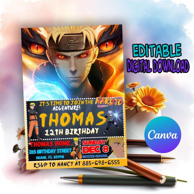 Anime Invitation, Naruto Birthday Invitation, Naruto Anime Invite ...