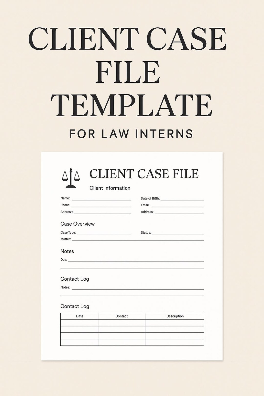 Client Case File Template for Law Interns | Printable PDF Intake & Case ...