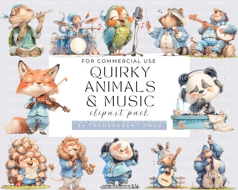 Watercolor Quirky Animal and Music Clipart Bundle Quirky Animals Art ...