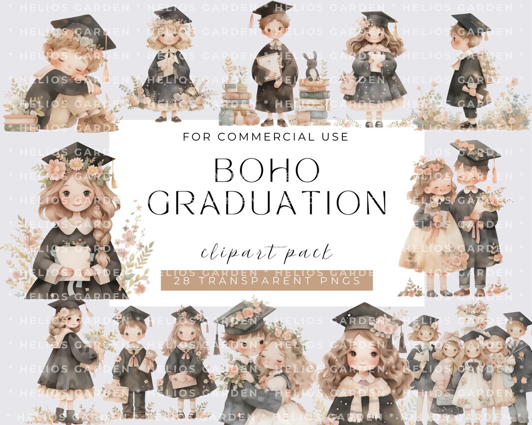 Watercolor Boho Graduation Collection Clipart, PNG Grad Floral Clipart ...