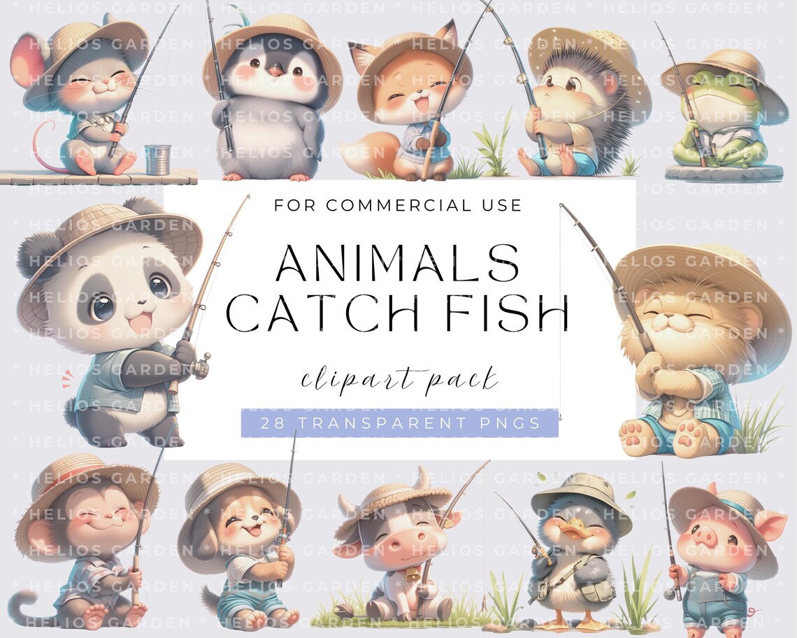 Animals Catch Fish Clipart Pack Cute Animal Fishing Adventures Playful ...
