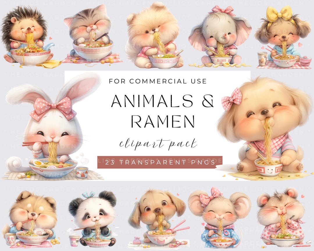 Watercolor Animals Eat Ramen Clipart Cute Animal Illustrations Relaxing ...