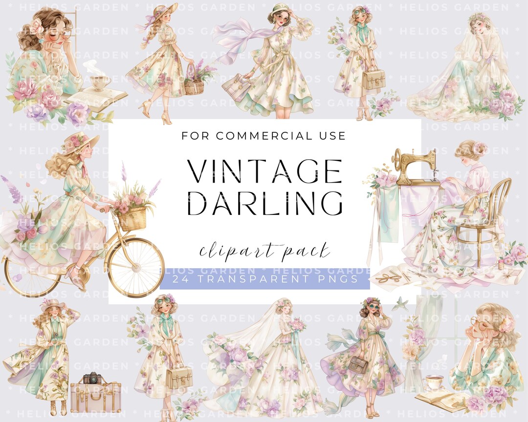 Watercolor Vintage Darling Clipart Pack Retro Cute Girl Illustrations ...