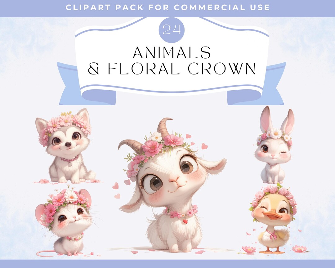 Animals With Floral Crown Watercolor Cliparts, High-quality Clip Arts ...