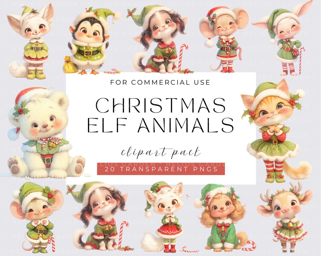 Christmas Elf Animals Clipart: Holiday Santa Illustration (digital ...