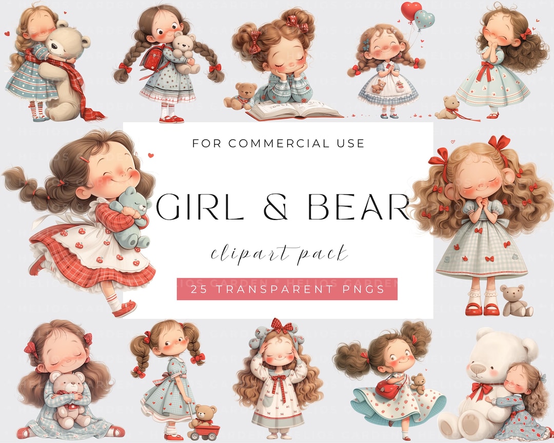 Watercolor Little Girl Clipart Whimsical Girl and Bear Pngs Animals ...