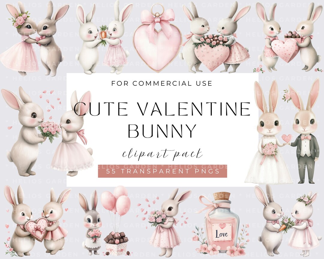 Watercolor Cute Love Bunny Clipart Bundle High Quality PNG Files ...