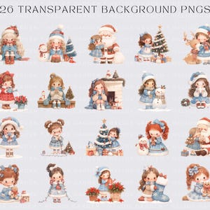 Cute Christmas Girls Clipart: Whimsical Holiday PNG Graphics (digital ...