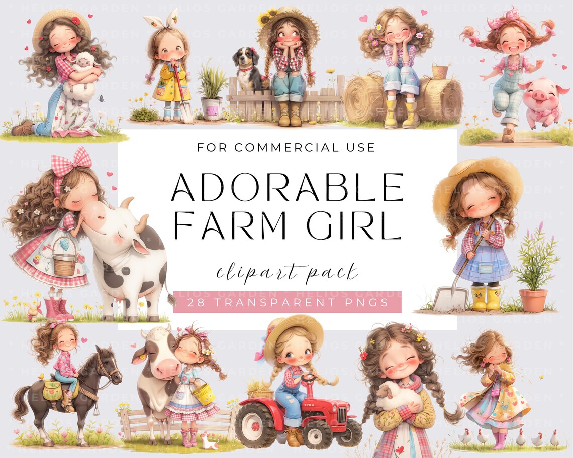 Adorable Farm Girls Clipart Cute Farm Clipart - Watercolor Farm Life ...