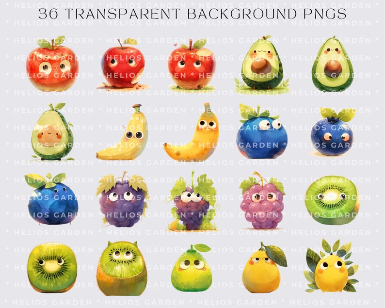 Quirky Fruit Clipart, Watercolor Fruits PNG Bundle, Fruit Sublimation ...