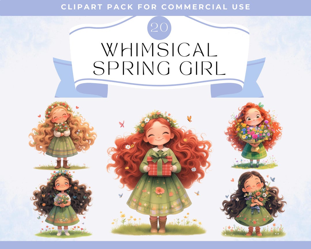 Watercolor Whimsical Spring Girls Clipart, Cozy Spring Clip Art, Floral ...
