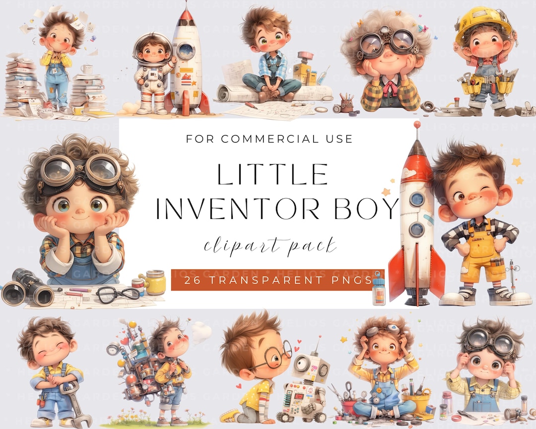 Watercolor Little Inventor Boy Clipart Bundle, Inventor Boy PNG Clip ...