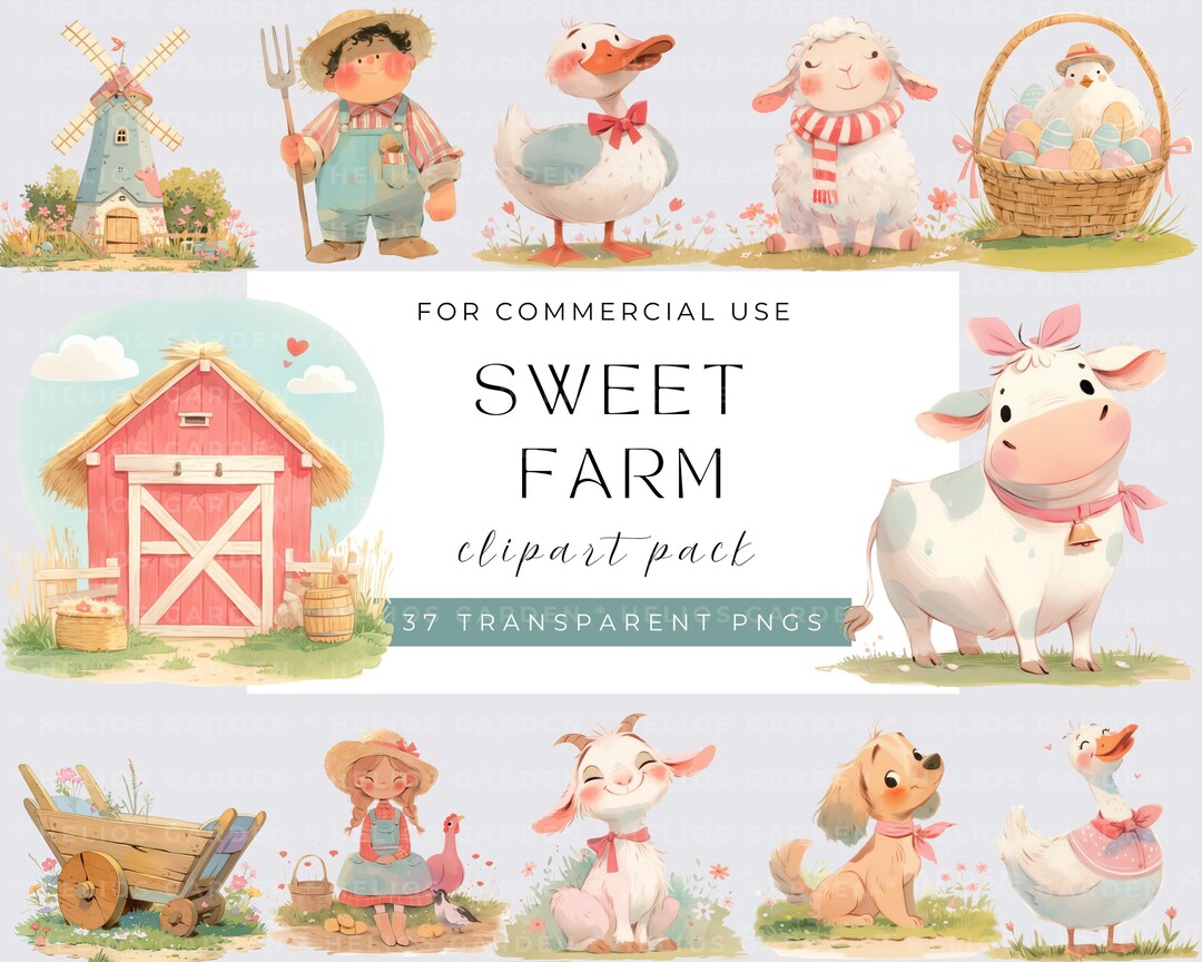 Cute Farm Clipart Happy Farm Clipart - Watercolor Farm Life - Cottage ...