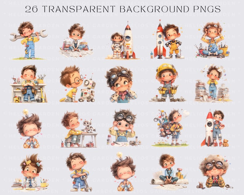 Watercolor Little Inventor Boy Clipart Bundle, Inventor Boy PNG Clip ...
