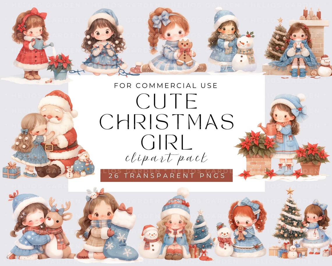 Cute Christmas Girls Clipart: Whimsical Holiday PNG Graphics (digital ...