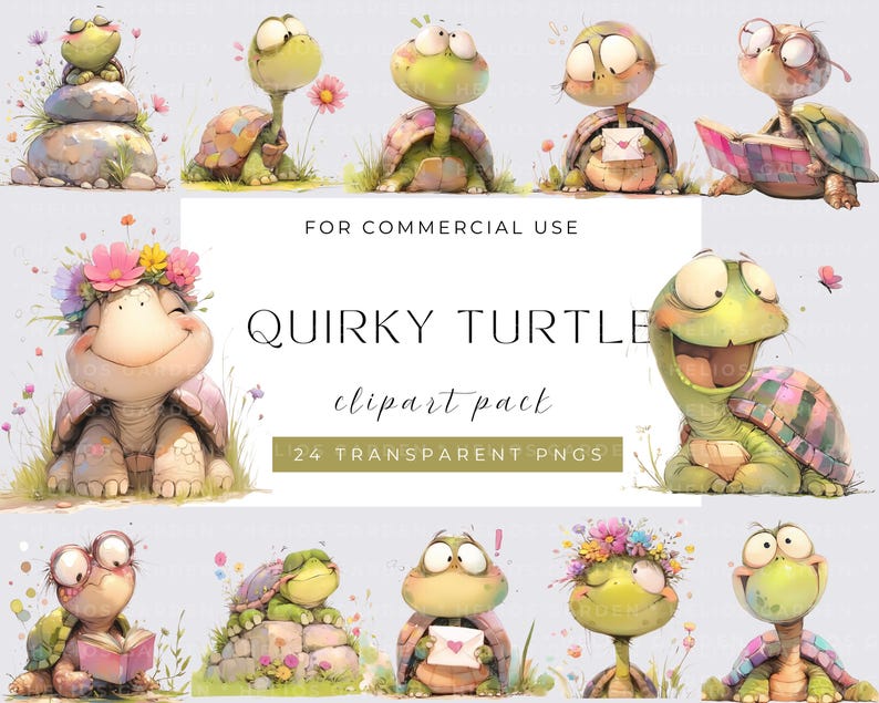 Quirky Turtle Clipart Whimsical Turtle Illustrations Funny Turtle Art ...
