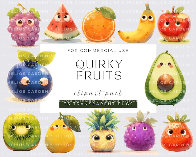 Quirky Fruit Clipart, Watercolor Fruits PNG Bundle, Fruit Sublimation ...