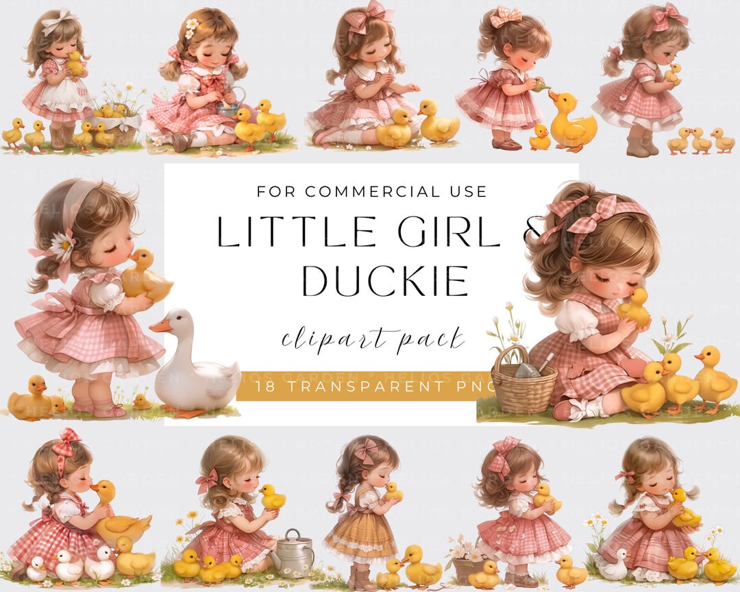 Little Girl and Duckie Clipart, Girl Clipart: Kawaii Illustrations ...