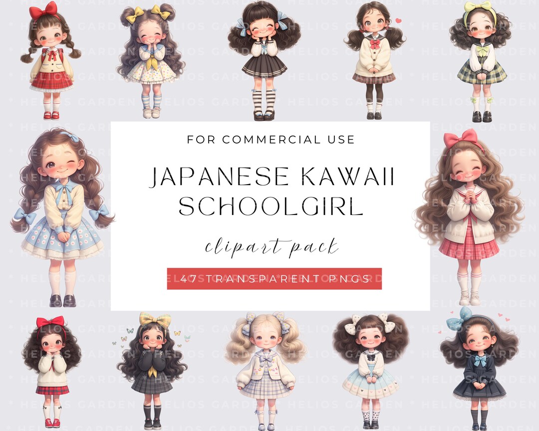Watercolor Japanese School Girls Clipart Quirky Girl Kawaii Digital ...