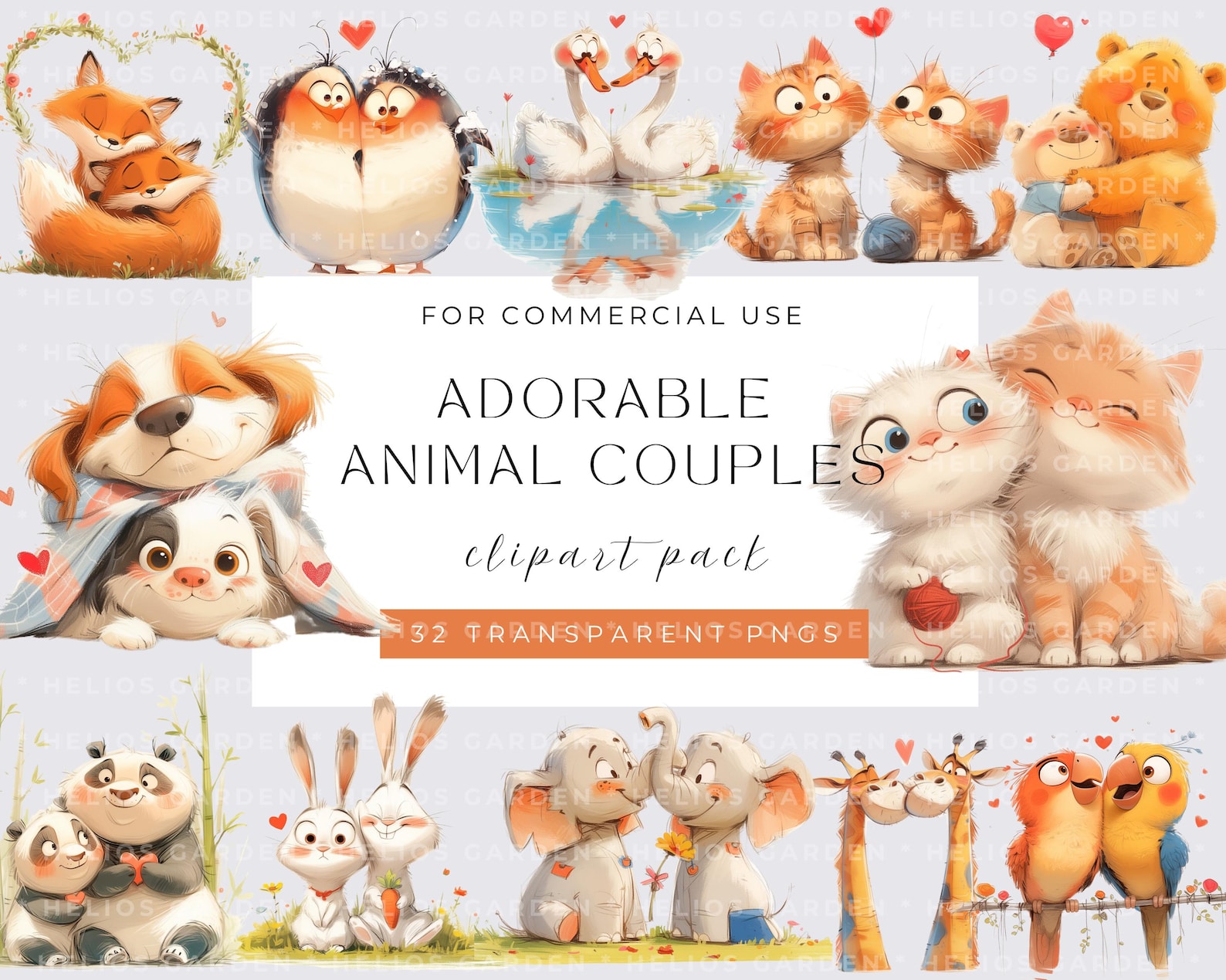 Watercolor Quirky Animal Love Clipart Bundle Valentine's Clipart PNG ...