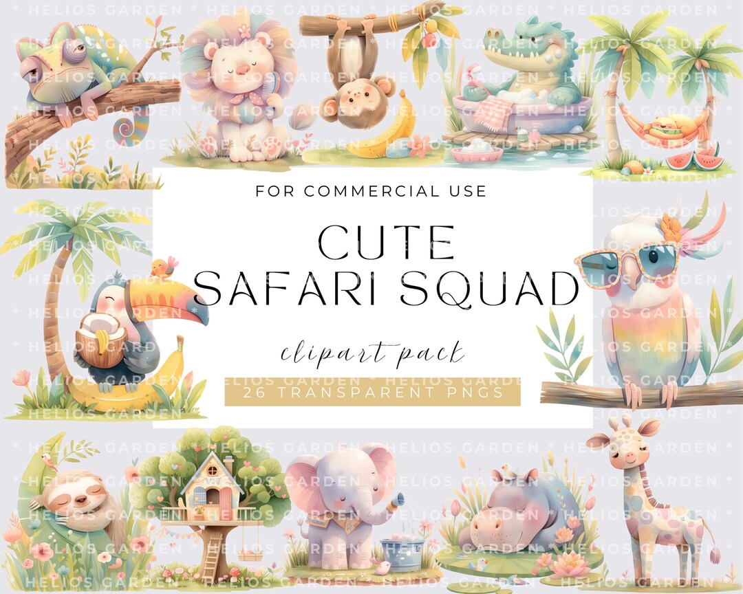 Watercolor Cute Safari Animals Clipart Jungle Animals Wild Animal Art ...