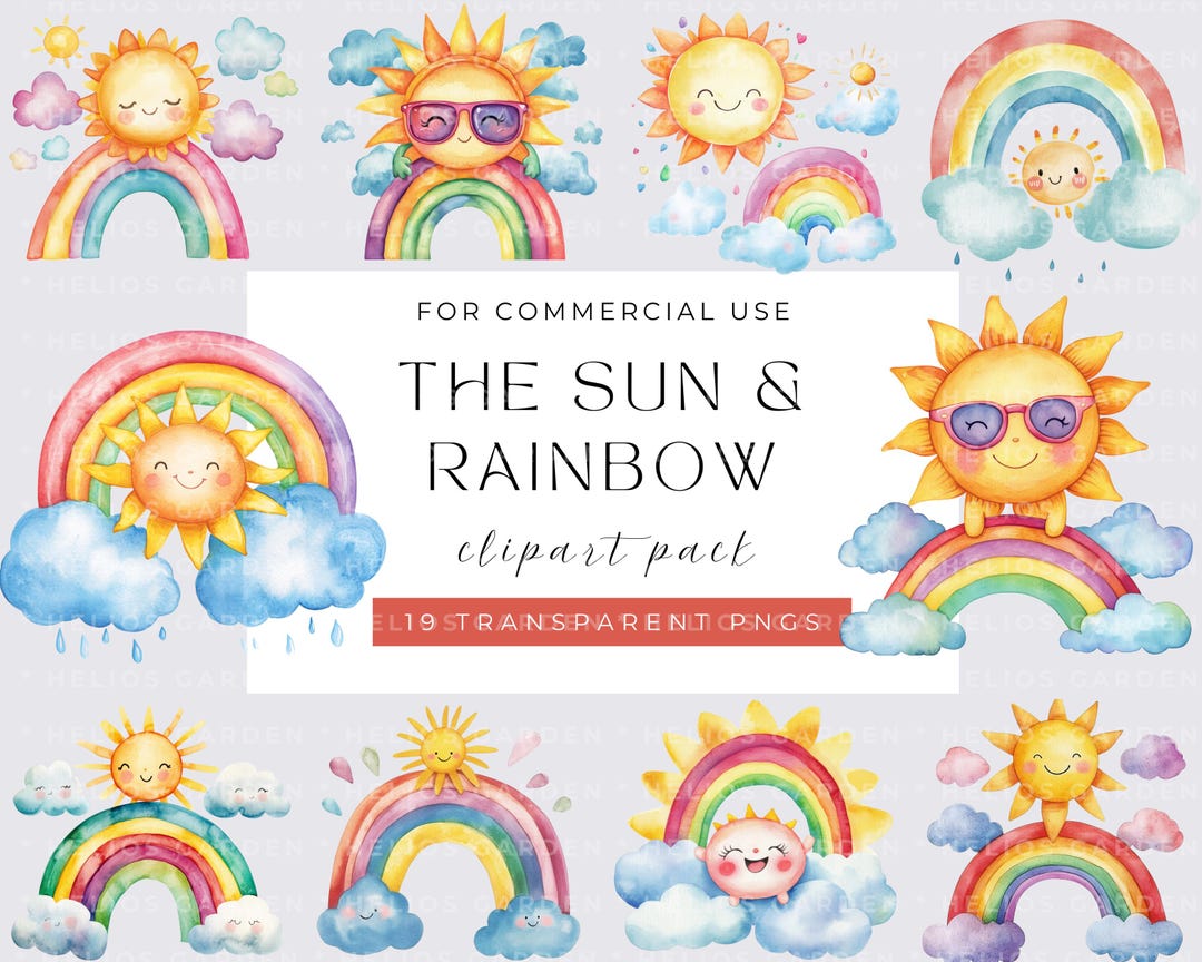 Rainbow Clipart Sun Clouds PNG Funny Sun Elements Watercolor Cute ...
