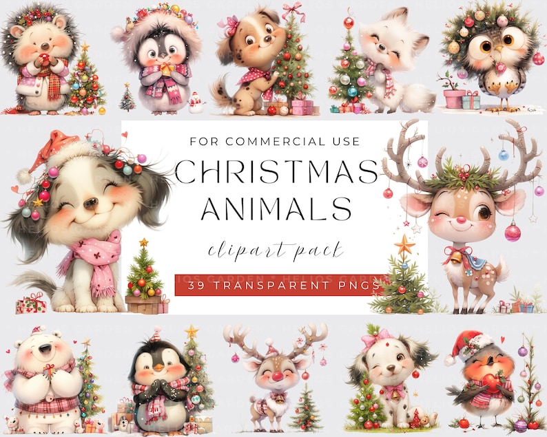 Christmas Animals Clipart Bundle, Animals Illustrations Designs ...