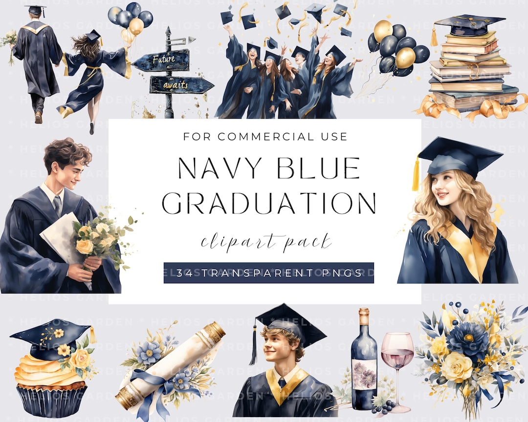Watercolor Navy Blue Graduation Collection Clipart, Grad PNG Grad ...